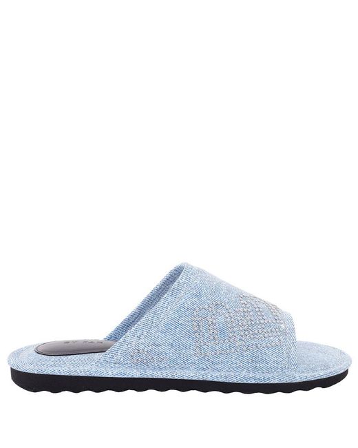 BY FAR Denim Ari Studded Slides in Blue | Lyst