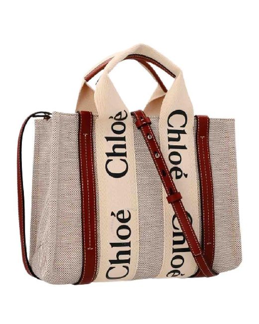 Chloé Mini Woody Linen Logo Tote Bag in Pink | Lyst