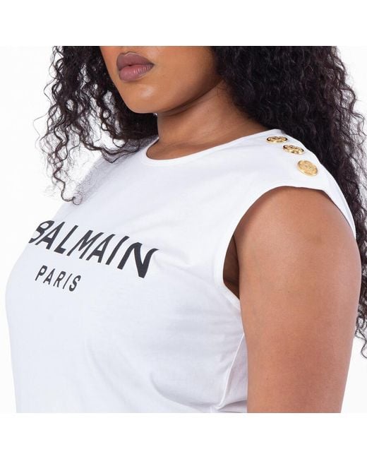 Balmain Logo Print Button Embellished Tank Top in White | Lyst UK