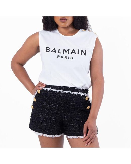 Balmain Logo Print Button Embellished Tank Top in White | Lyst UK