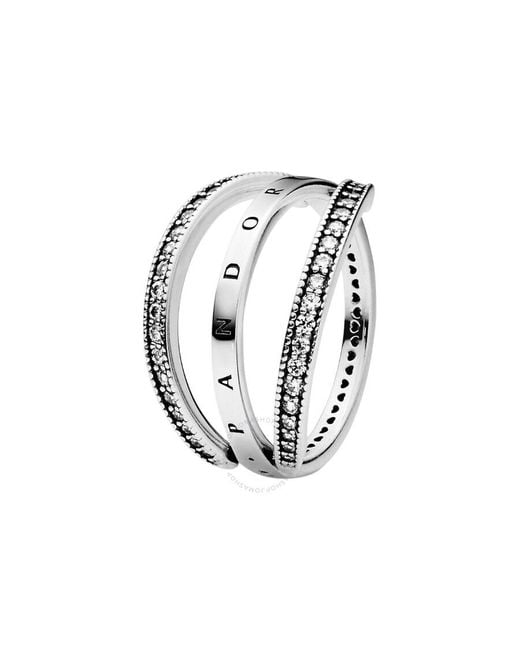 PANDORA Signature Logo And Hearts Sterling Ring in Metallic | Lyst