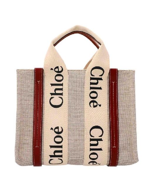 Chloé Mini Woody Linen Logo Tote Bag in Pink | Lyst