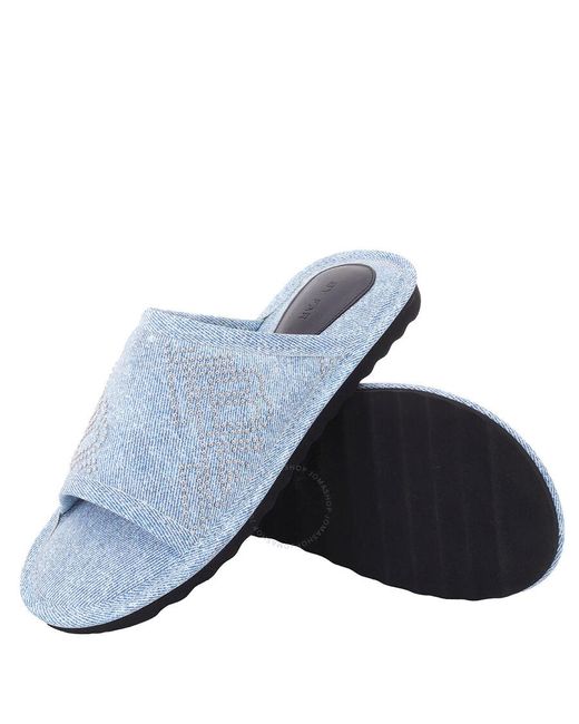 BY FAR Denim Ari Studded Slides in Blue | Lyst