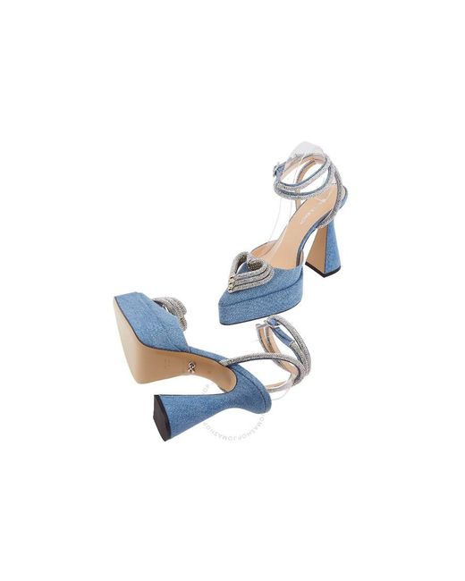 Mach & Mach Denim Crystal Triple Heart Platform Pumps in Blue | Lyst
