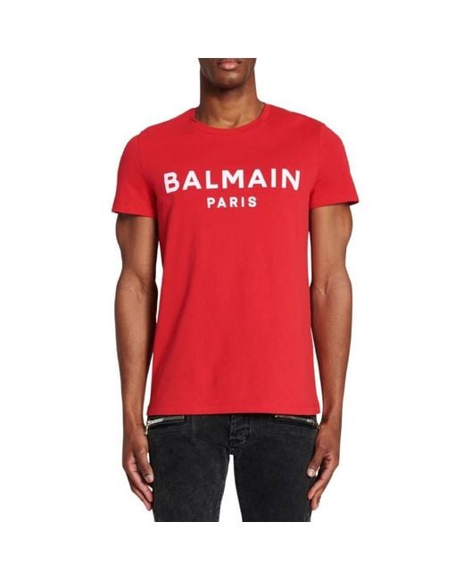 Balmain Flock Logo Print Cotton T Shirt in Red for Men | Lyst