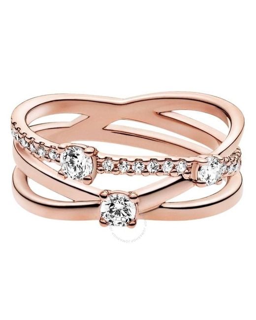 PANDORA 14K Rose-Plated Sparkling Triple Band Ring in Pink | Lyst