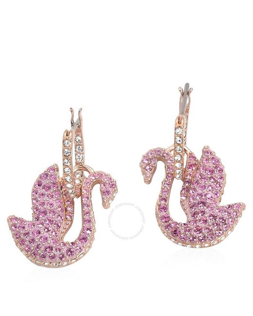 Swarovski Rose-Tone Plated Iconic Swan Drop Earrings in Pink | Lyst
