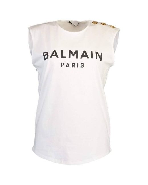 Balmain Logo Print Button Embellished Tank Top in White | Lyst UK