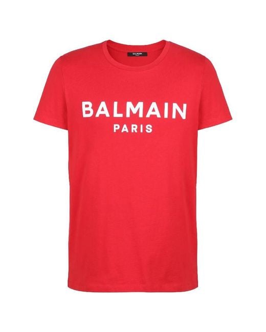 Balmain Flock Logo Print Cotton T Shirt in Red for Men | Lyst