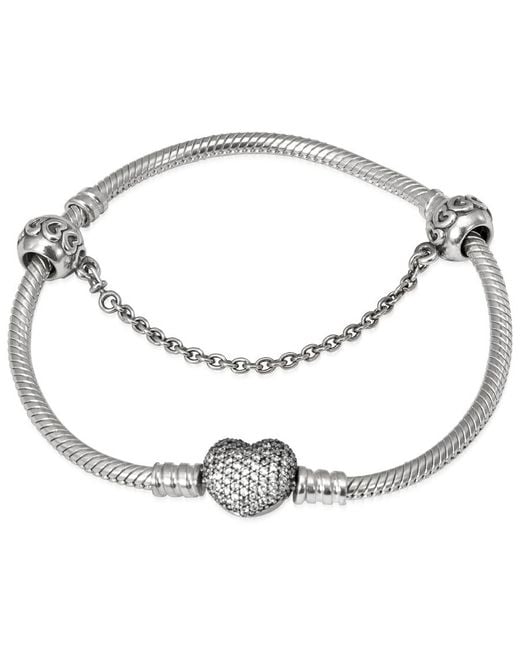 PANDORA Moments Sparkling Heart Clasp Snake Chain Bracelet in Metallic ...
