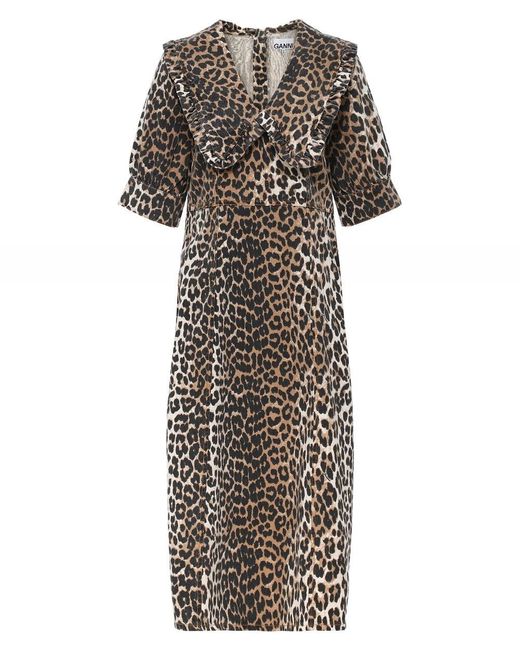 Ganni Denim Leopard Print Midi Dress Lyst
