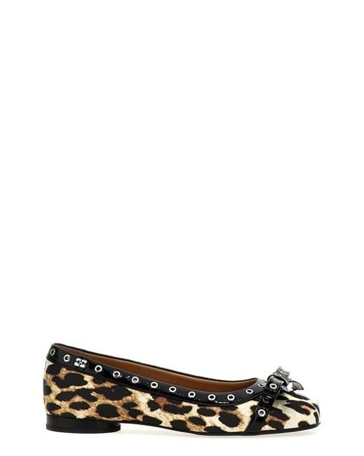 Ganni 'leopard Eyelets Bow' Ballet Flats in Black | Lyst