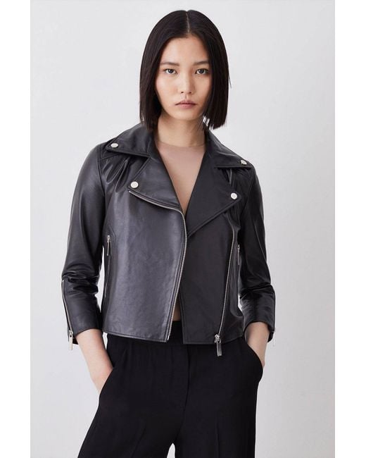 Karen Millen Leather Shrunken Biker Jacket in Black | Lyst UK