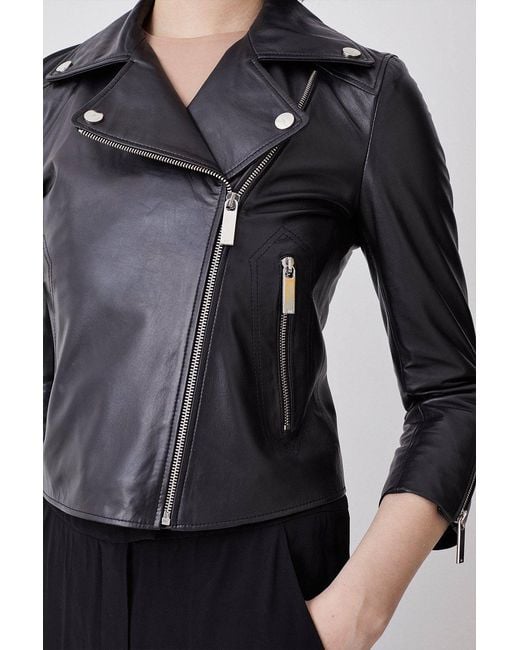 Karen Millen Leather Shrunken Biker Jacket in Black | Lyst UK