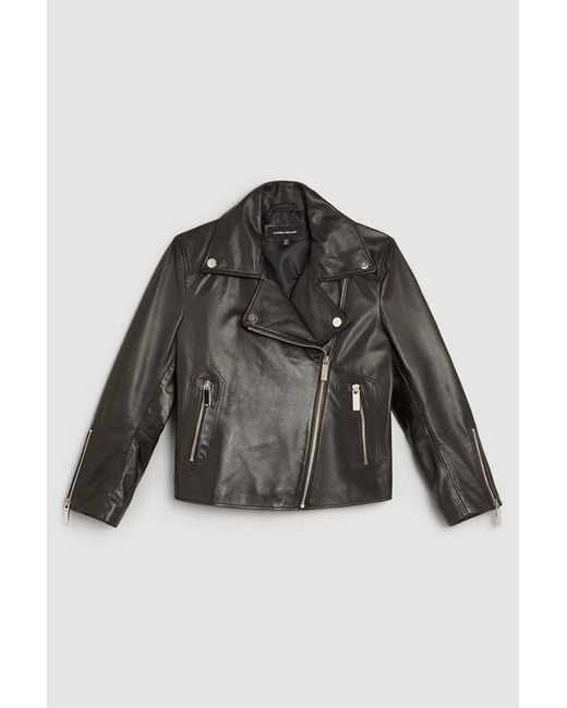 Karen Millen Leather Shrunken Biker Jacket in Black | Lyst UK