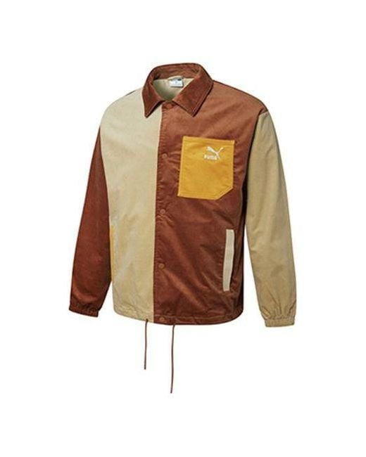 PUMA Cord Coach Jacket Corduroy Splicing Woven Logo Sports Coffee in ...