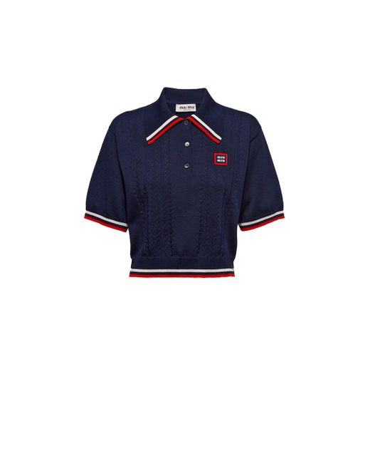 Miu Miu Silk Cropped Polo Shirt in Navy (Blue) | Lyst Miu Miu Silk Cropped Polo Shirt in Navy (Blue) | Lyst