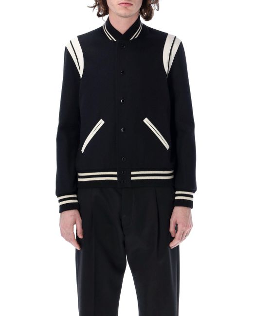 Saint Laurent Teddy Jacket With Leather Trim, Striped Ribbed Collar ...