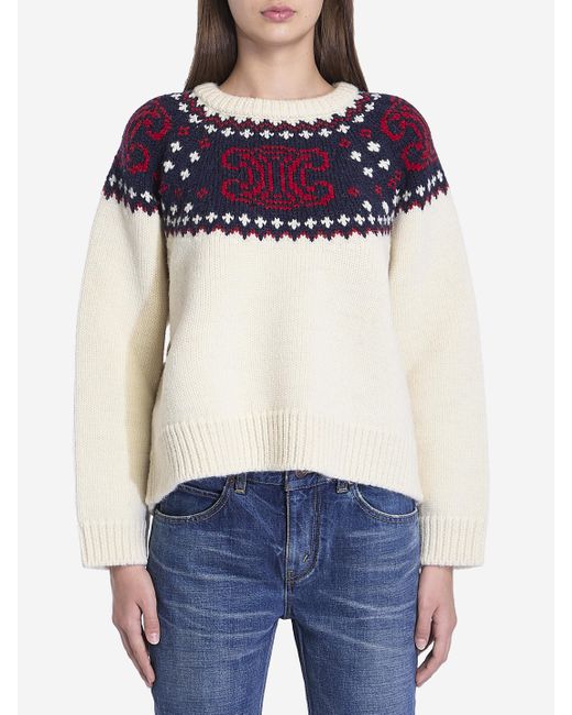 Celine Fair Isle Triomphe Sweater in Blue | Lyst