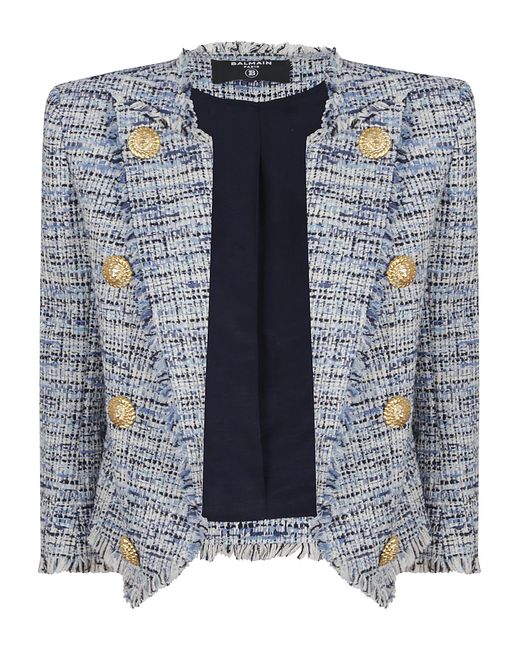 Balmain Tweed Jacket With Frayed Edges And Padded Shoulders in Blue | Lyst