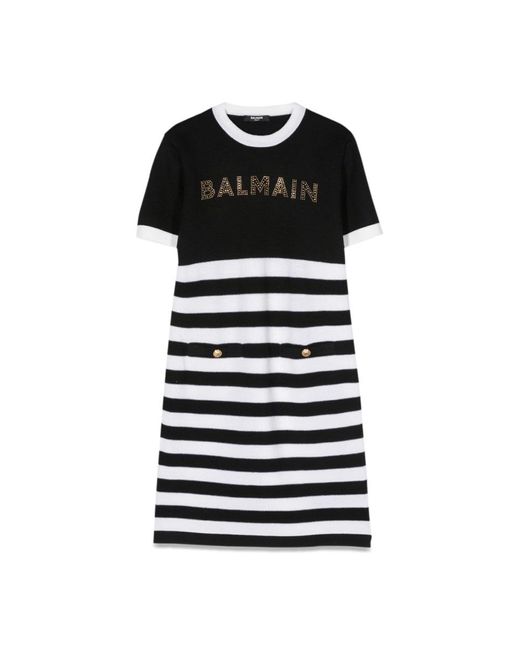 Balmain Mini Logo Knit Dress With Stripes in Black | Lyst