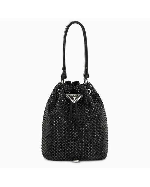 Prada Mini Satin Bucket Handbag With Crystal Accents in Black | Lyst