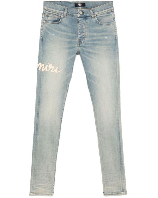 Amiri Script Logo Cotton-Blend Skinny Jeans in Blue for Men | Lyst