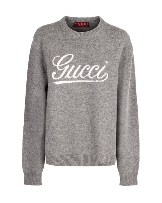 Gucci Wool Logo Intarsia Pullover Sweater in Gray for Men | Lyst