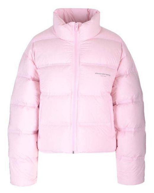 Alexander Wang Reflective Logo Cropped Puffer Jacket in Pink | Lyst