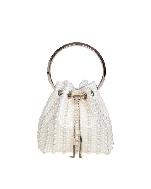 Jimmy Choo Mini Bon Bon Bucket Handbag With Pearl Accents in White | Lyst