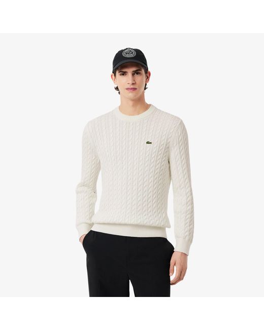 Lacoste Cable Knit Cotton Sweater in White for Men | Lyst