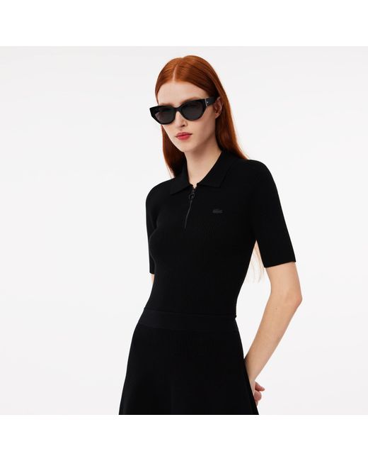 Lacoste 3D Rib Knit Zip-Up Polo Dress in Black | Lyst