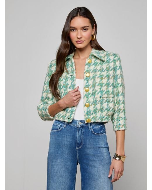 L'Agence Jia Houndstooth Tweed Jacket in Green | Lyst UK