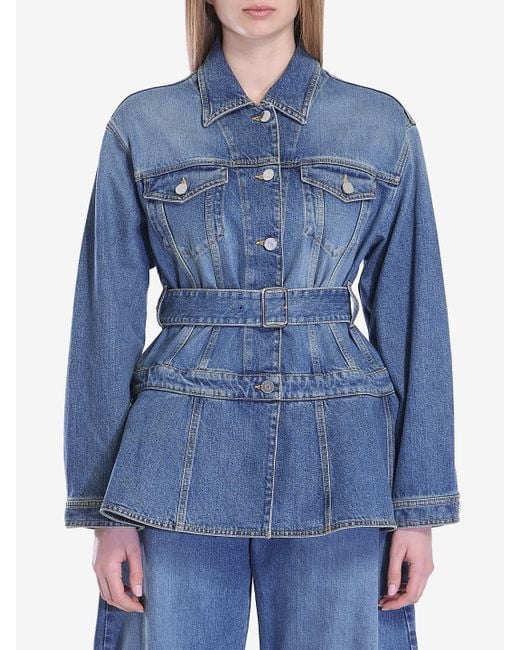 Alaïa Denim Jacket With Peplum in Blue | Lyst