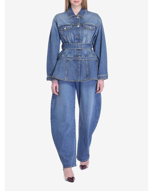 Alaïa Denim Jacket With Peplum in Blue | Lyst