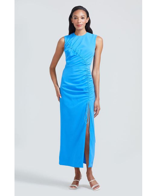 Lela Rose Fluid Crepe Ruched Seamed Midi Dress In Blue Lyst