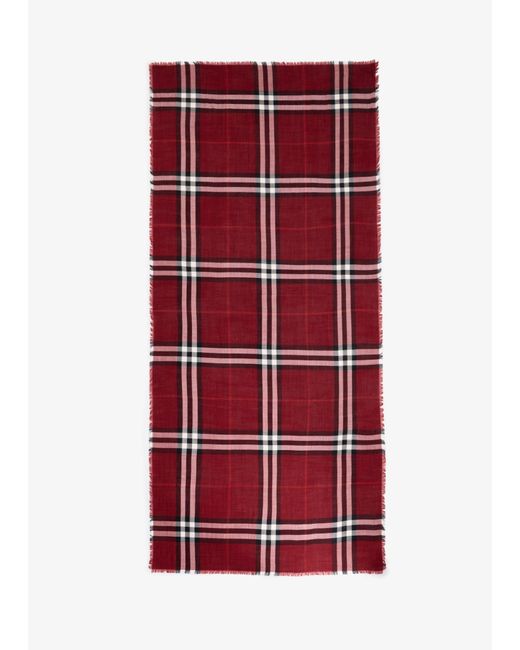 Burberry Check Reversible Wool Silk Scarf in Red | Lyst