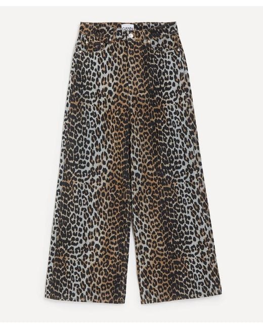Ganni Leopard Print Flock Denim Baggy Jeans in Gray | Lyst
