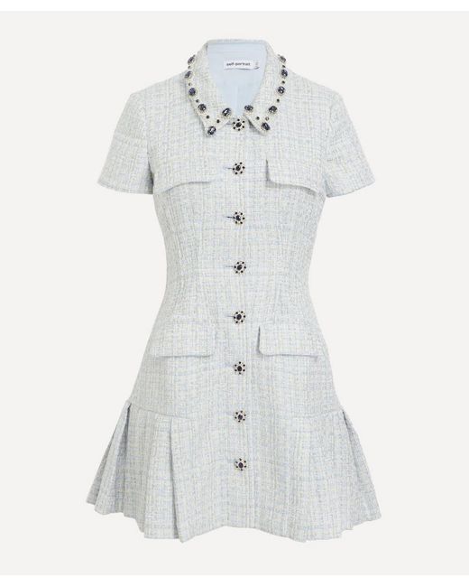 Self-Portrait Boucle Mini Dress in White | Lyst