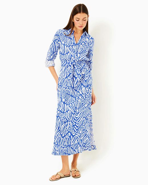 Lilly Pulitzer Millicent Linen Maxi Shirtdress in Blue | Lyst