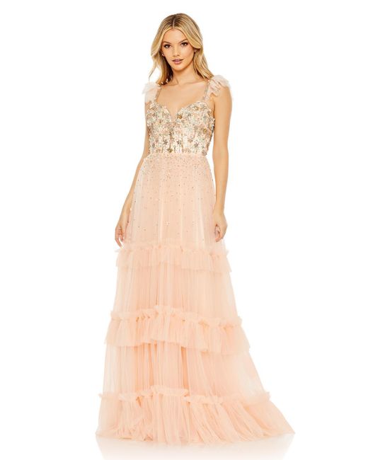 Mac Duggal Embellished Ruffle Tiered Sleeveless Gown In Natural Lyst