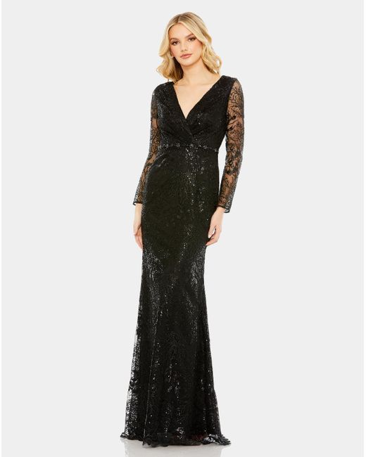 Mac Duggal Embellished Wrap Over Long Sleeve Gown In Blue Lyst