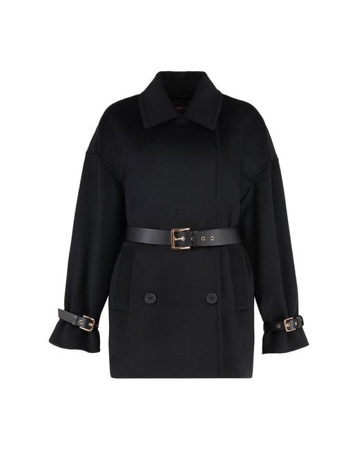 Max Mara Pausa Double-Breasted Virgin Wool Coat in Black | Lyst