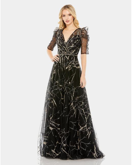 Mac Duggal Embellished Gathered Puff Sleeve Faux Wrap Gown In Black Lyst