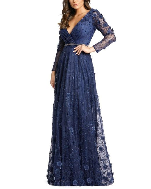 Mac Duggal Synthetic Embellished V Neck Gown In Midnight Blue Lyst