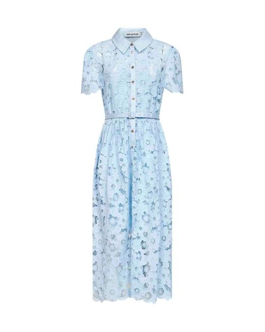 Self-Portrait Self Portrait Light Lace Belted Midi Shirt Dress in Blue ...