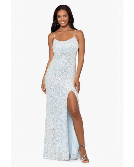 Betsy And Adam Long Sequin Spaghetti Strap Gown In White Lyst