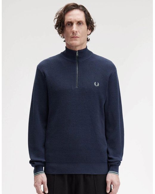 Fred Perry Waffle Stitch Half Zip Jumper in Blue for Men | Lyst UK