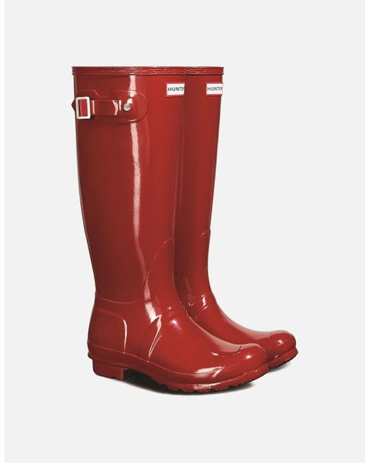 HUNTER Original Tall Gloss Rubber Military Wellington Boots in Red ...