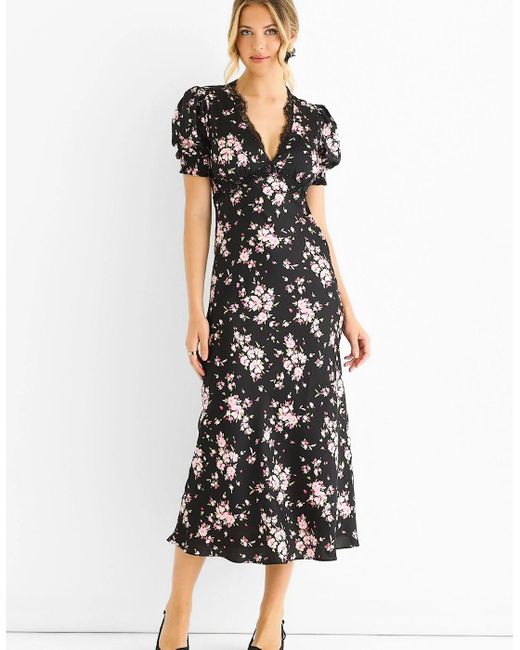 Gini London Floral Lace Trim Bias Midi Dress in Black | Lyst UK